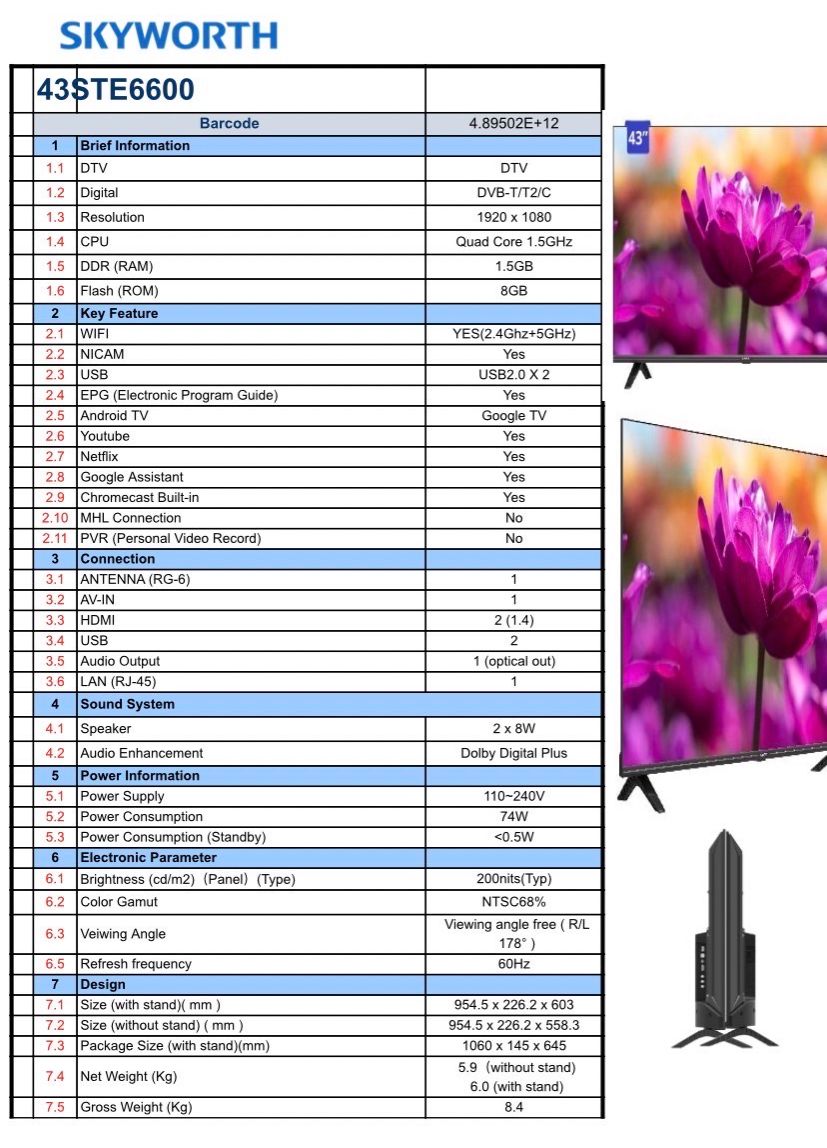 SKYWORTH Digital รุ่น 43STE6600 Goolgle TV ขนาด 43 นิ้ว - สยามกิจทีวี ...