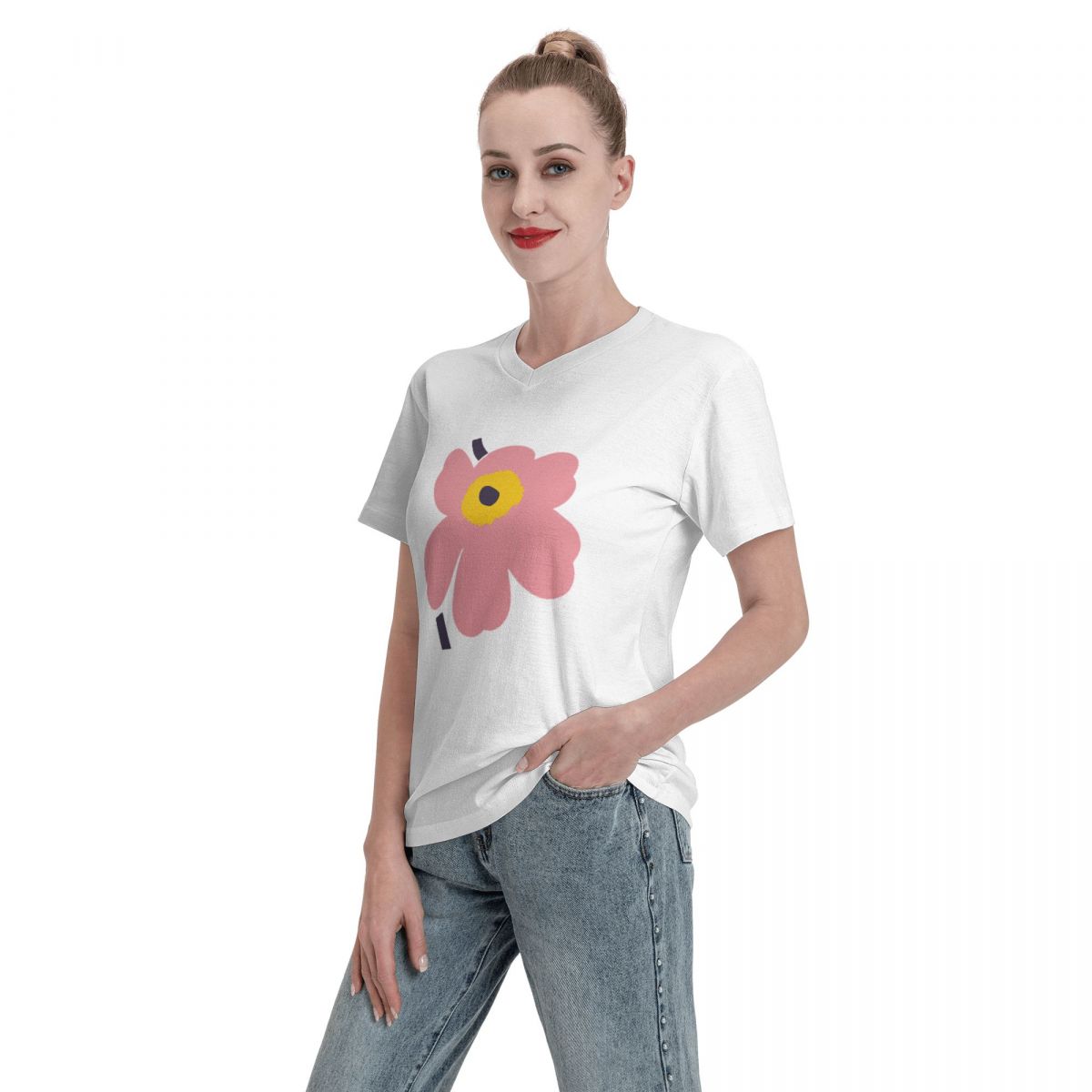 Women's V Neck Tshirts Marimekko Unikko Logo Fashion Print Pure Cotton ...