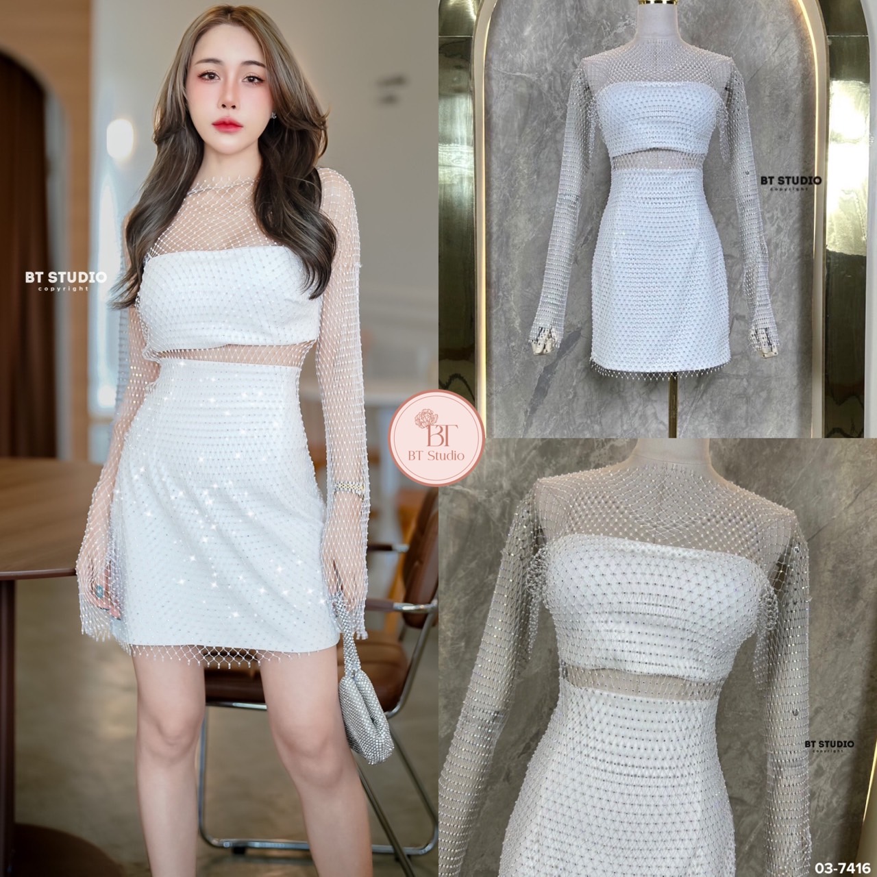 งานป้าย BT-Studio set 3ชิ้นเสื้อเกาะอกช่วงอกเสริมฟองน้ำ มาพร้อมตาข่ายฝังเพรชสีตาข่ายเข้ากันกับ ...