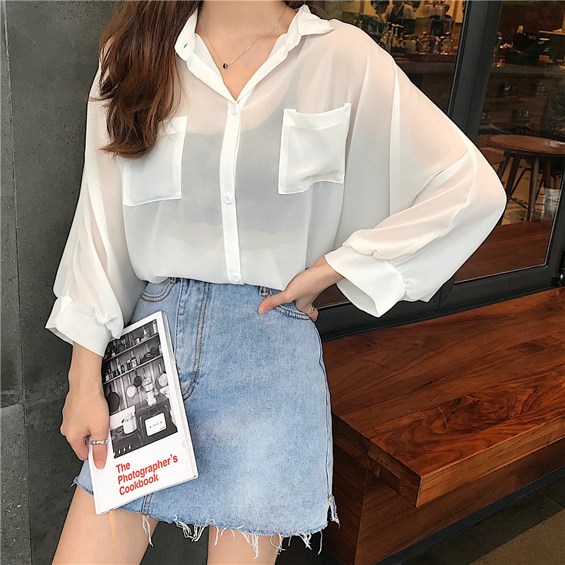 พร้อมส่ง เสื้อเชิ้ต แขนยาว ซีทรู ผ้าชีฟอง สีขาว เสื้อคลุม แต่งกระเป๋า 2 ข้าง - Khunnoo Closet ...