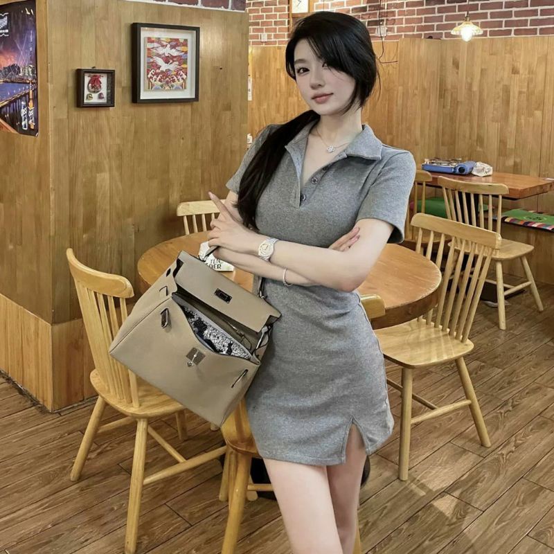 Zero shop????พร้อมส่ง???? (Zero-28068) ชุดเดรส ไหมพรมผ้าร่องคอปกใส่สบาย ดีเทลปลายแหวกเซ็กซี่เบาๆ ...