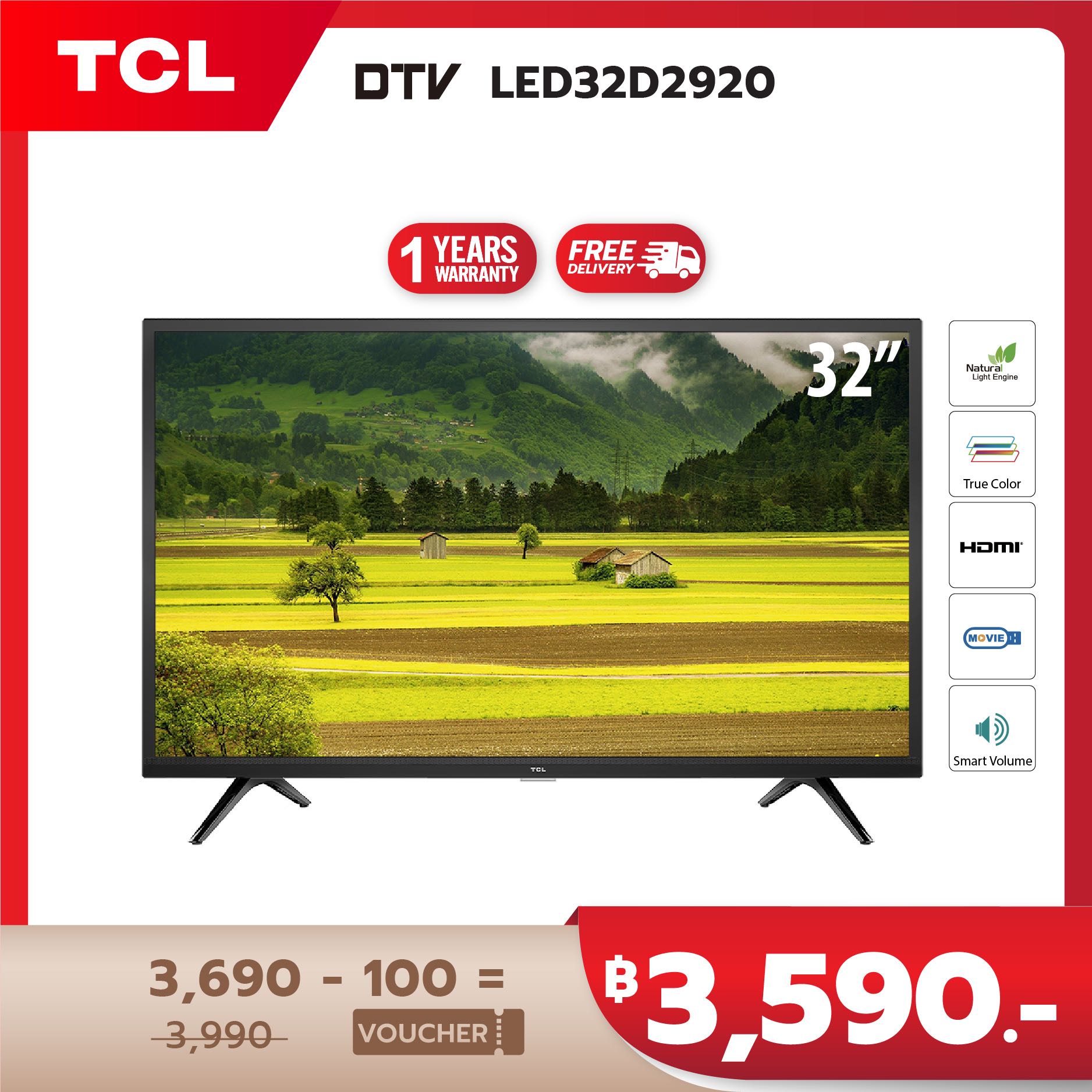 โปรโมชั่นพิเศษ TCL ทีวี 32 นิ้ว LED HD 720P (รุ่น 32D2920) -DVB-T2- AV In-HDMI-USB-Slim ดิจิตอล ...