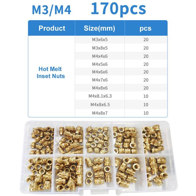 M3 m4 Brass Hot Melt Knurled Copper Insert Nuts Set 170pcs Threaded Insert Heating Application ...