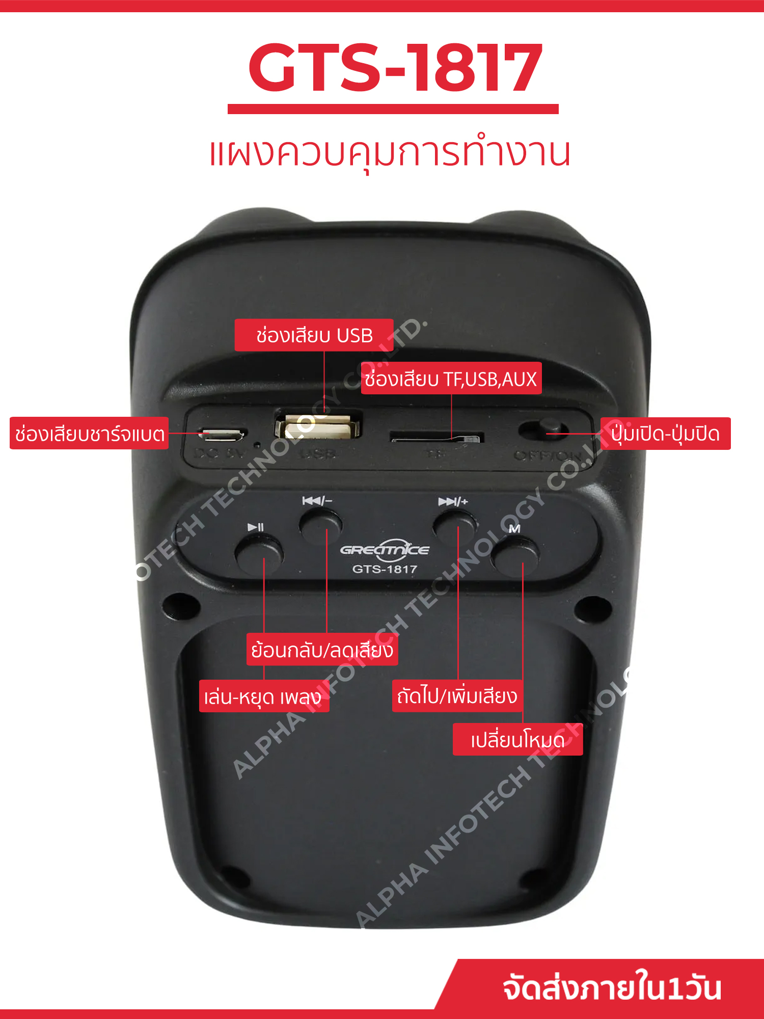 ลำโพงไร้สายรุ่น GTS-1817 ดอก 3 นิ้ว เบสหนัก เสียงดี มีไฟ LED ขณะเล่นเพลง - ALPHA ELECTRIC - ThaiPick