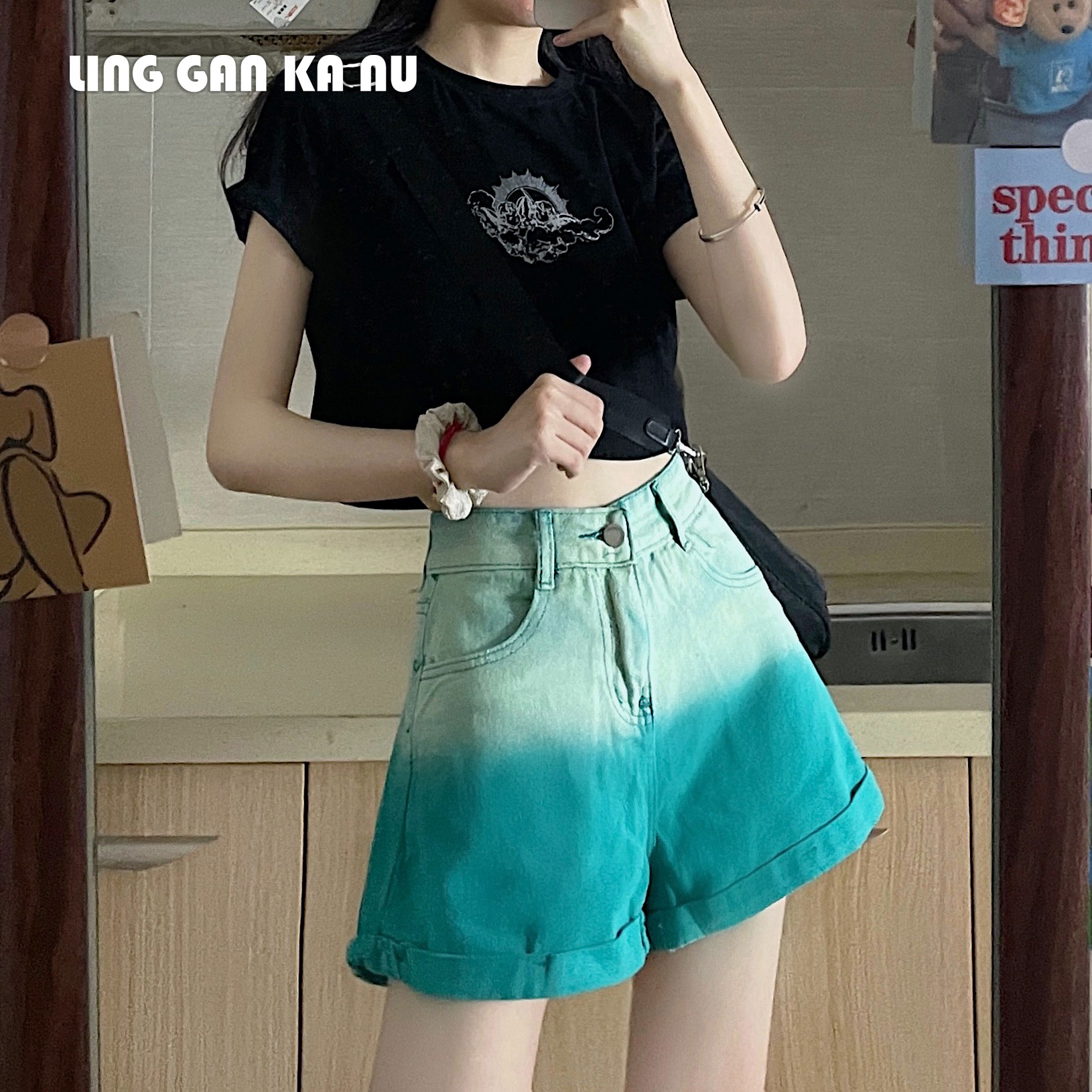 LING GAN KA NU ขนาดการไล่ระดับสีขนาดใหญ่เป็นผ้ายีนส์กางเกงขาสั้นฤดูร้อน ...