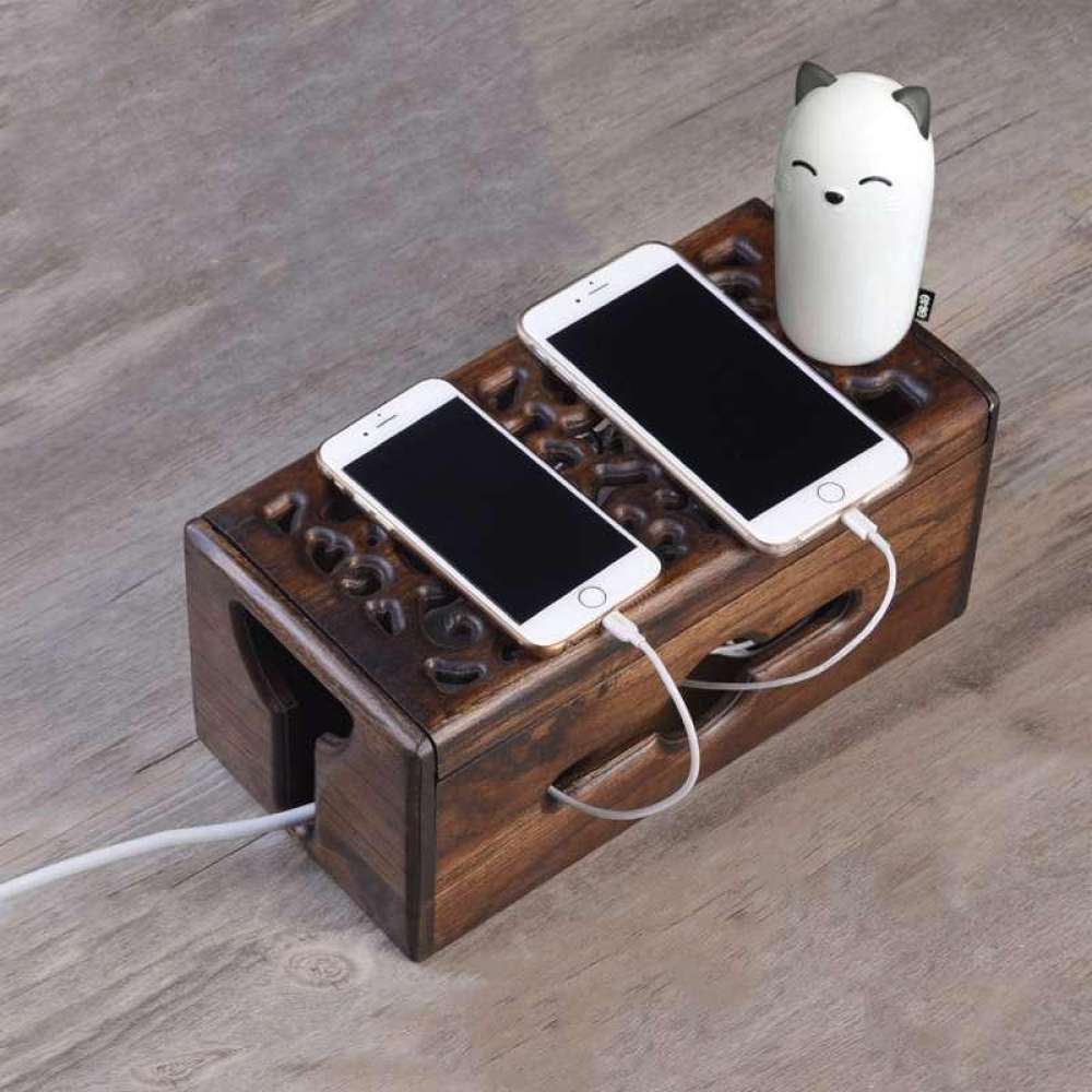 Wooden Hand Carved Wire Organizer Box Power Strip Cable Management Box ...