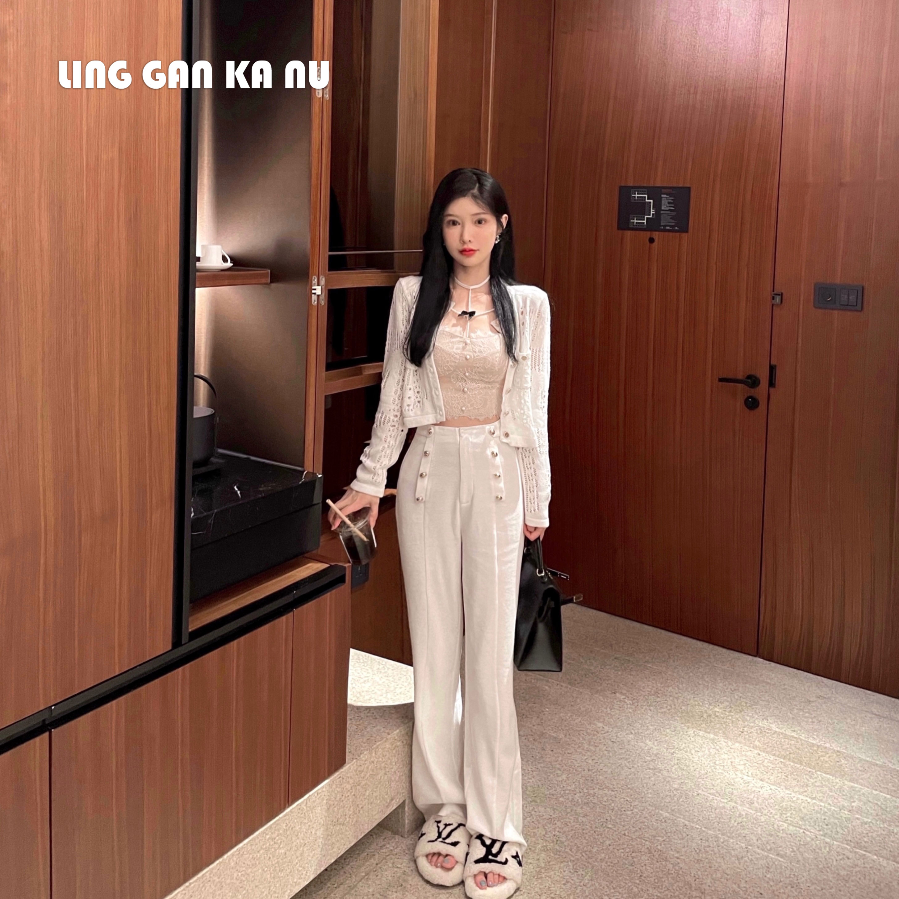 LING GAN KA NU ผู้หญิงสีดำสีขาวกางเกงขากว้าง 2022 ใหม่ในช่วงฤดูร้อนและ ...