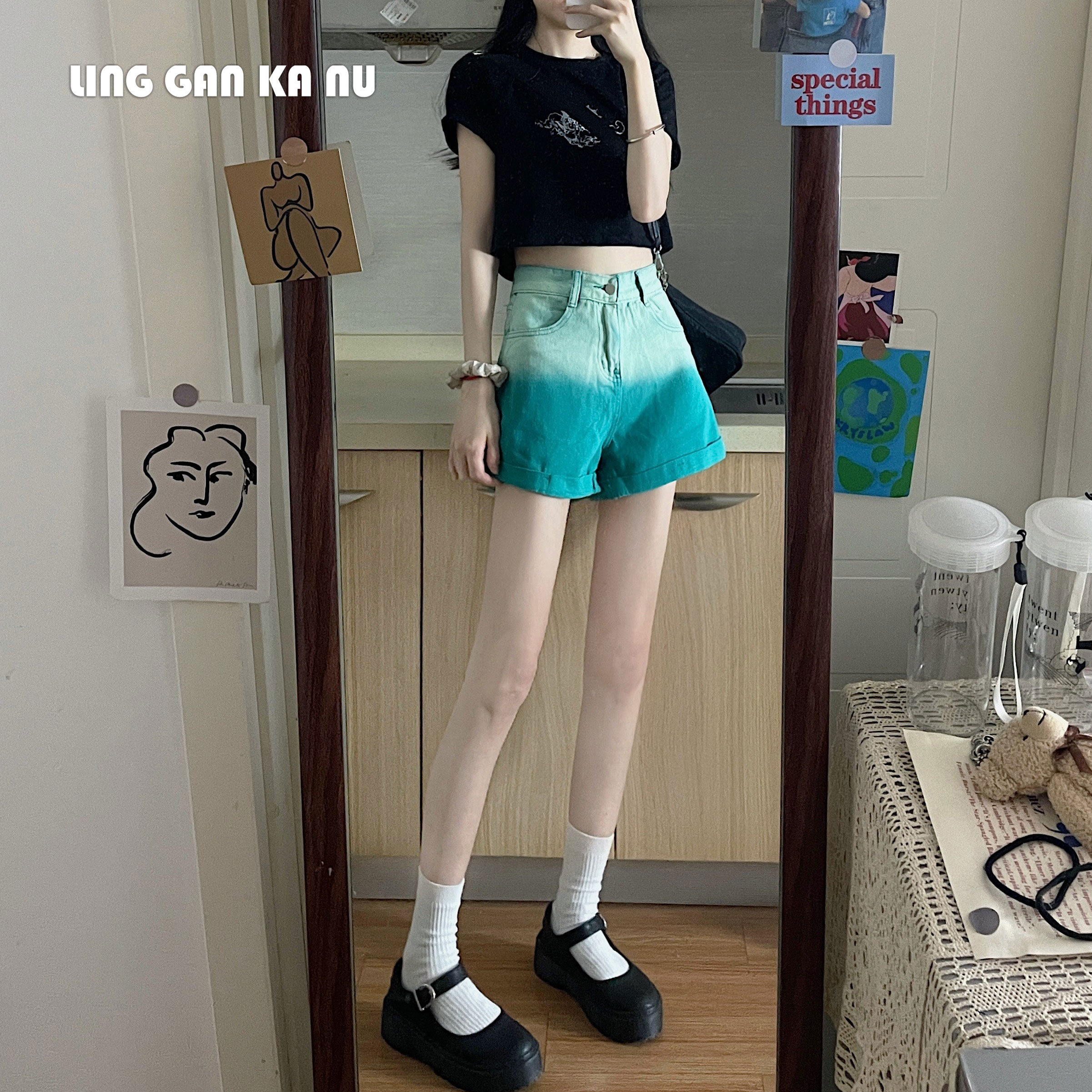 LING GAN KA NU ขนาดการไล่ระดับสีขนาดใหญ่เป็นผ้ายีนส์กางเกงขาสั้นฤดูร้อน ...