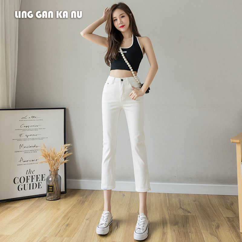 LING GAN KA NU กางเกงผู้หญิงฤดูร้อนปี 2022 สีขาวใหม่แปดแยกแฟชั่นกางเกง ...